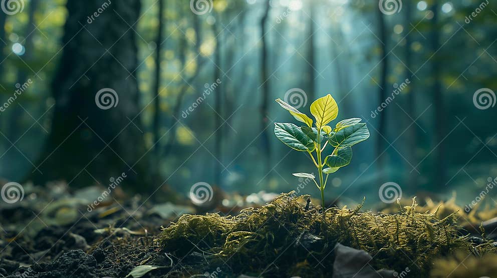 A Single Sapling Grows in a Sundappled Forest Stock Illustration ...