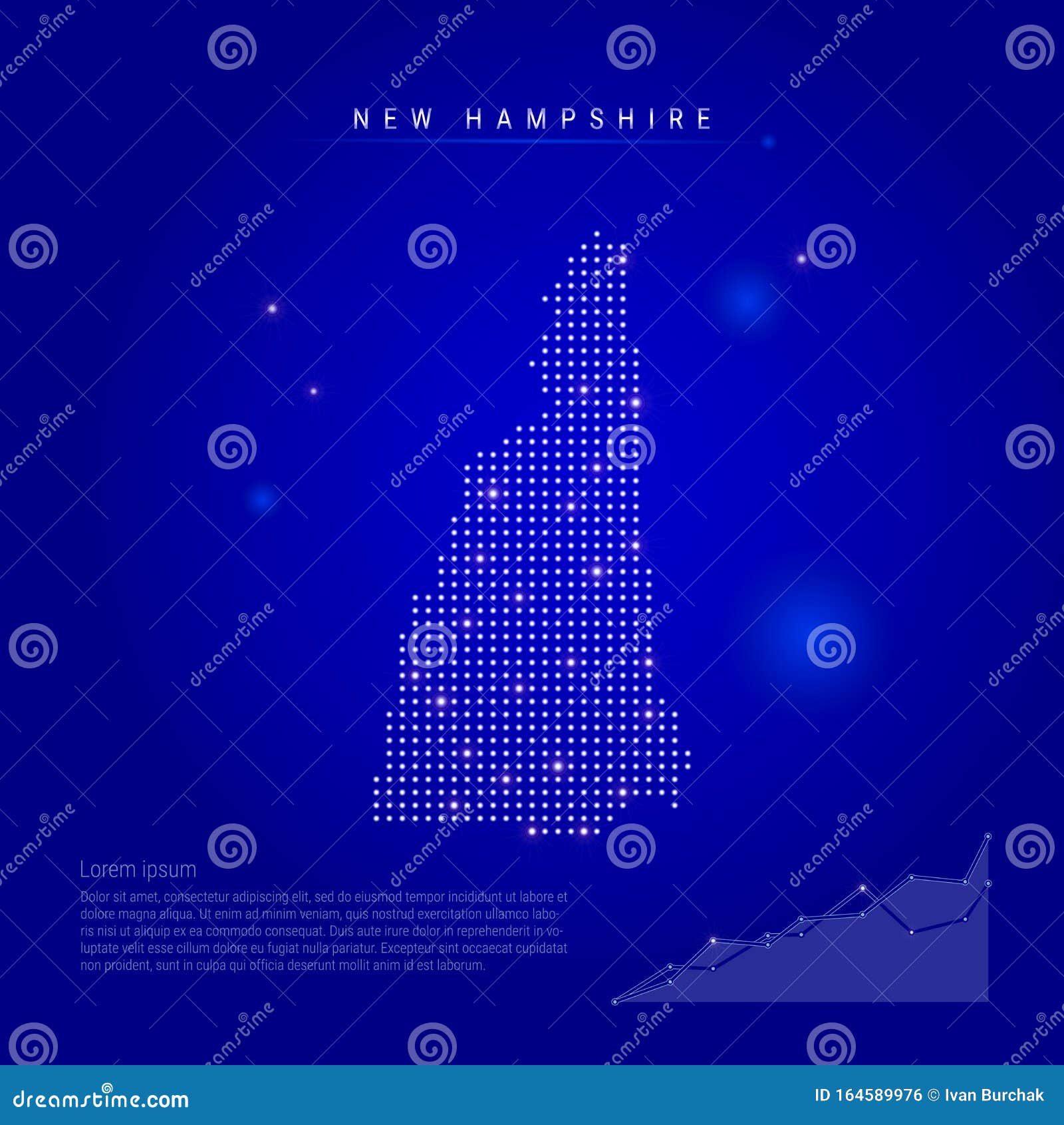 New Hampshire US State Illuminated Map with Glowing Dots. Dark Blue ...
