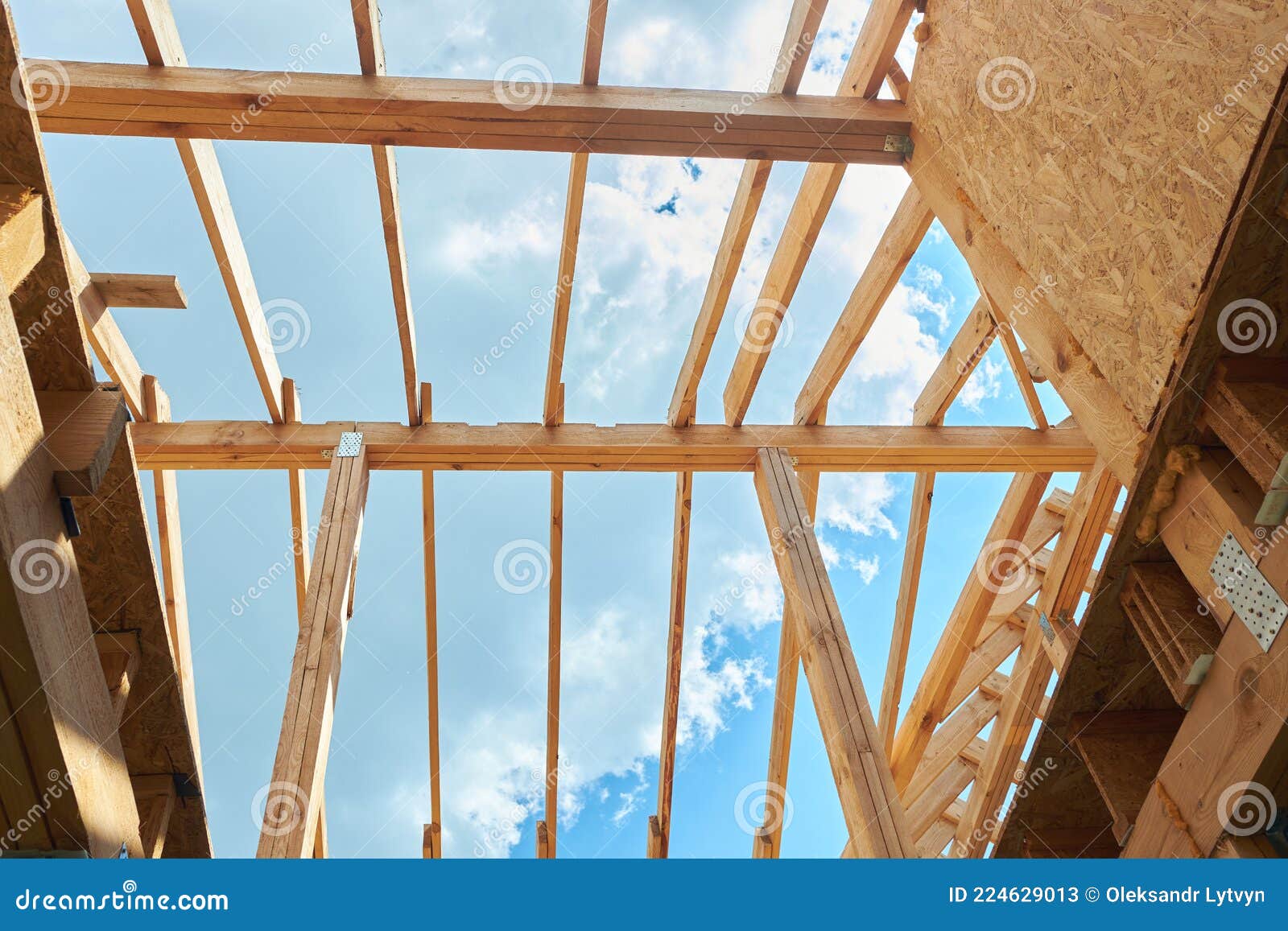 New Home Construction. Build with Wooden Truss, Post and Beam Framework ...