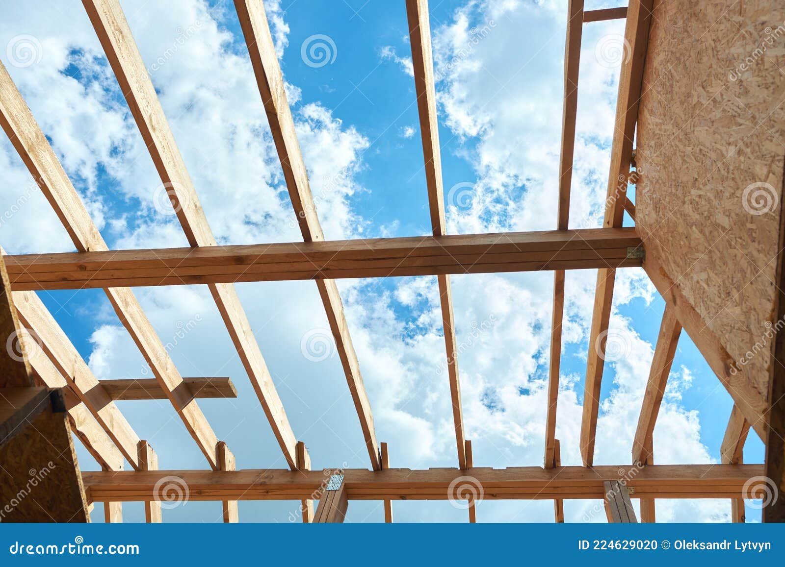 New Home Construction. Build with Wooden Truss, Post and Beam Framework ...