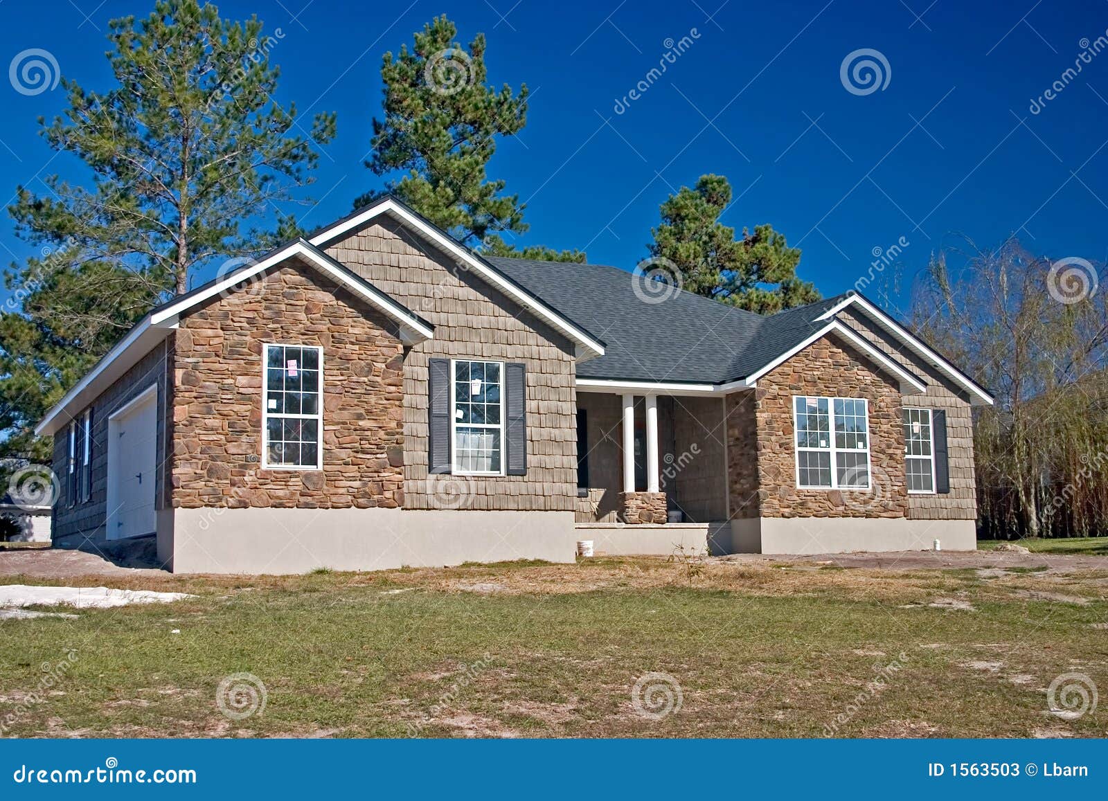 New House Stone and Shake Exterior Stock Image - Image of columns ...