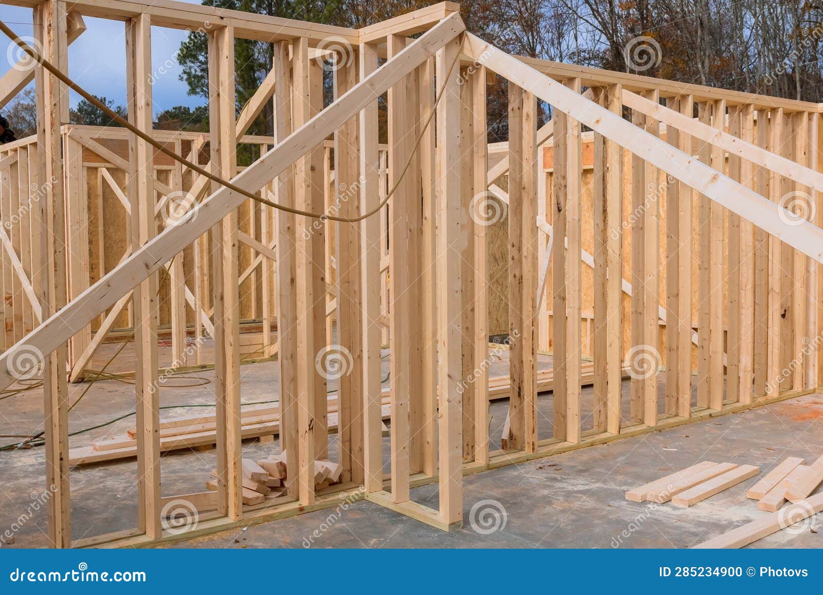House is Under Construction with Wooden Framework Where Support Beams ...