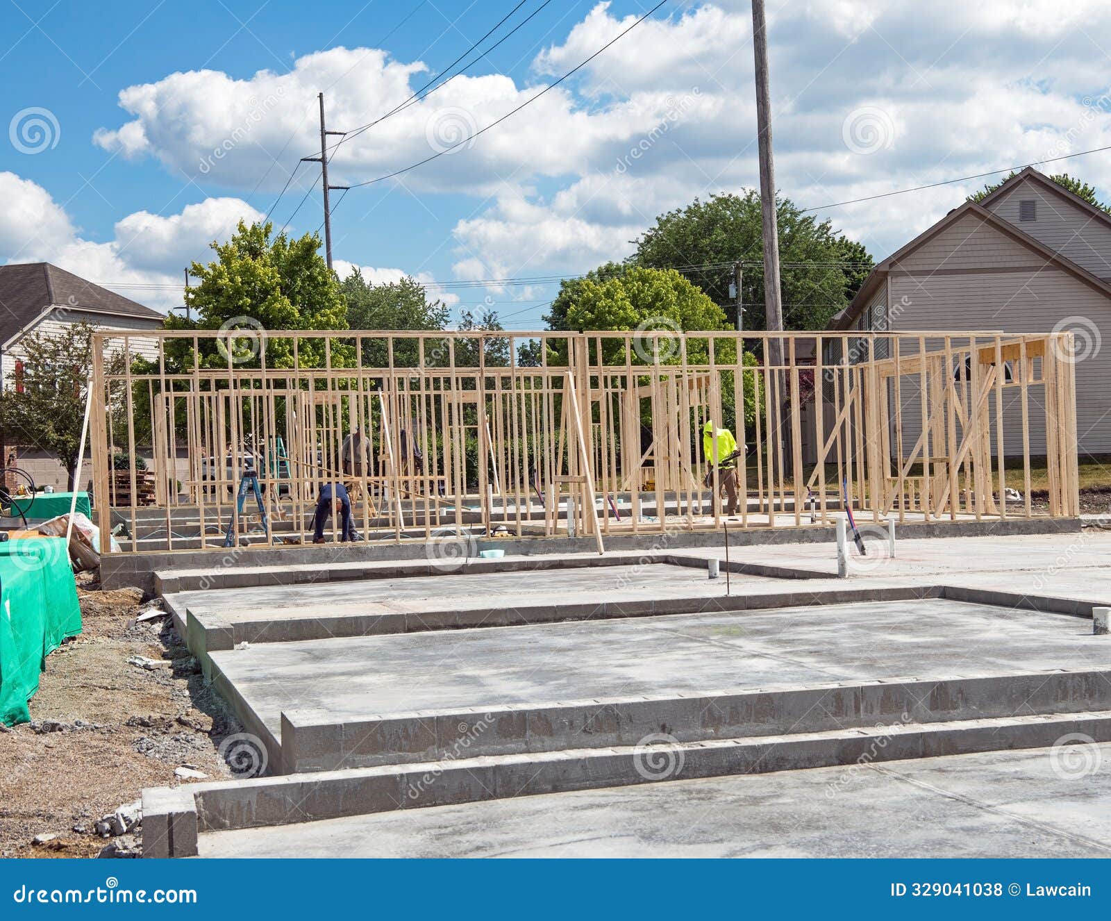 New Housing Construction Framework on Cement Foundation Stock Photo ...