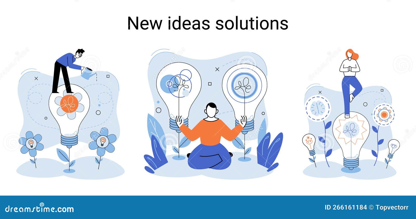 New Ideas Solution Vector Set. Brainstorm, Teamwork Process. Businessman Growing Light Bulb ...