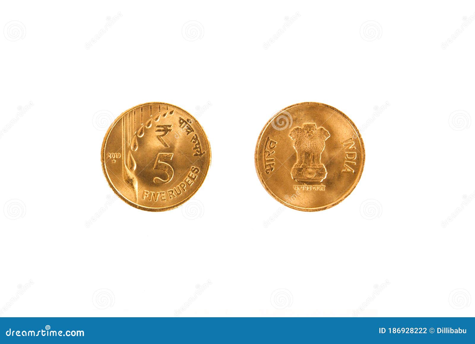 Indian Gold Color Five Rupees Coin Front and Back Stock Photo - Image ...