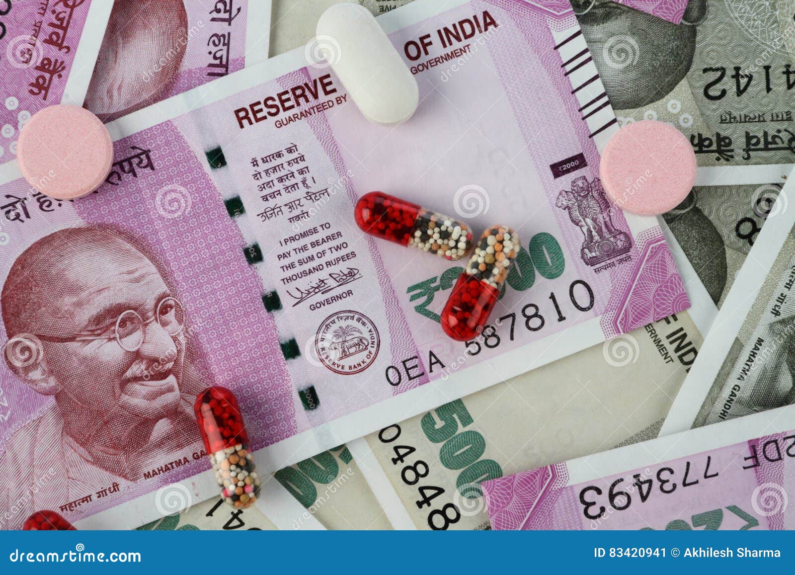 New Indian Rupee Bank Notes with Medicines / Pills Stock Image - Image ...