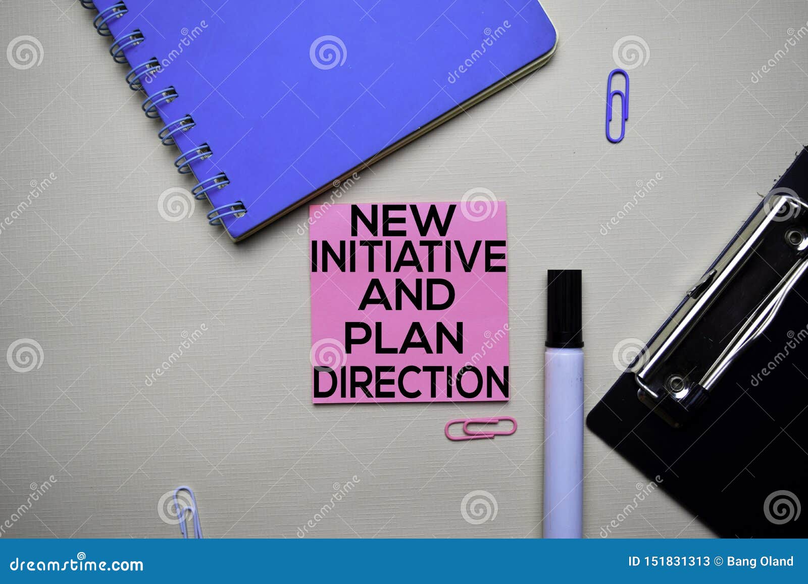 New Initiative and Plan Direction Text on Sticky Notes with Office Desk ...