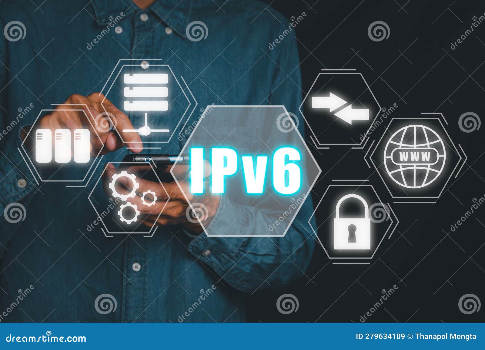 Person Using Smartphone with IPv6 Icon on Virtual Screen Stock Image ...