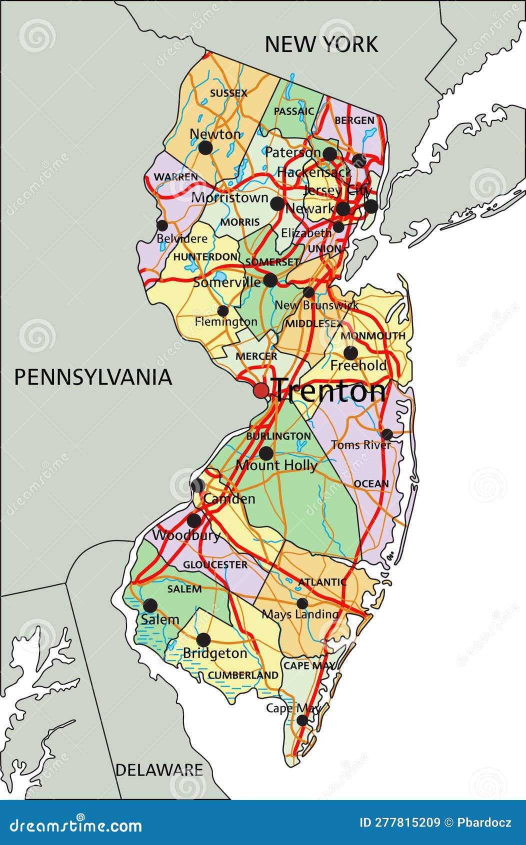 New Jersey Detailed Editable Political Map With Labeling Vector