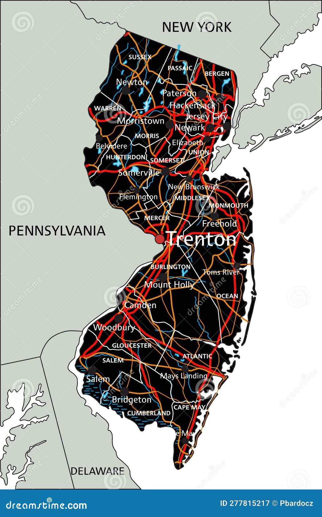 Detailed New Jersey Road Map with Labeling. Stock Vector - Illustration ...