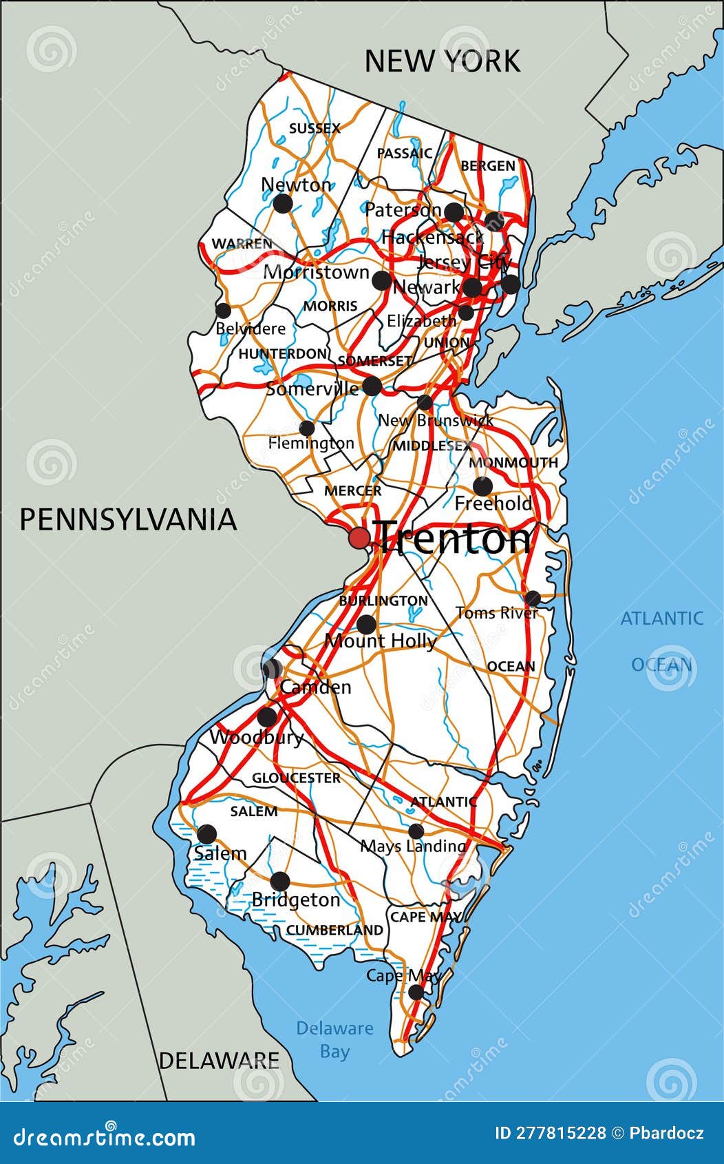 Detailed New Jersey Road Map with Labeling. Stock Vector - Illustration ...