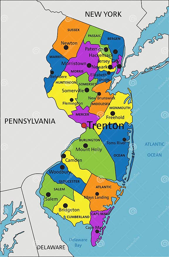 Colorful New Jersey Political Map with Clearly Labeled, Separated ...