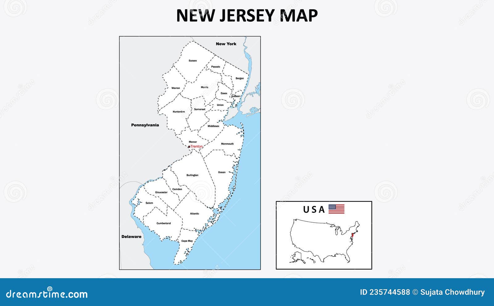 New Jersey Map. Political Map of New Jersey with Boundaries in White ...