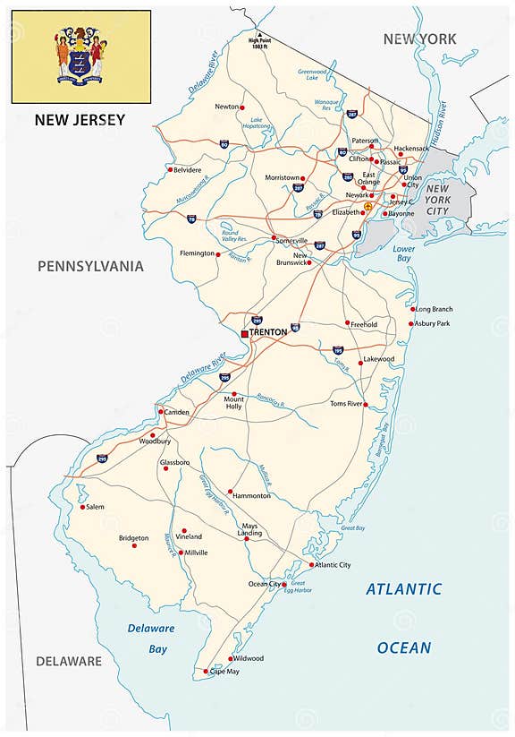 New Jersey Road Map with Flag Stock Vector - Illustration of highways ...