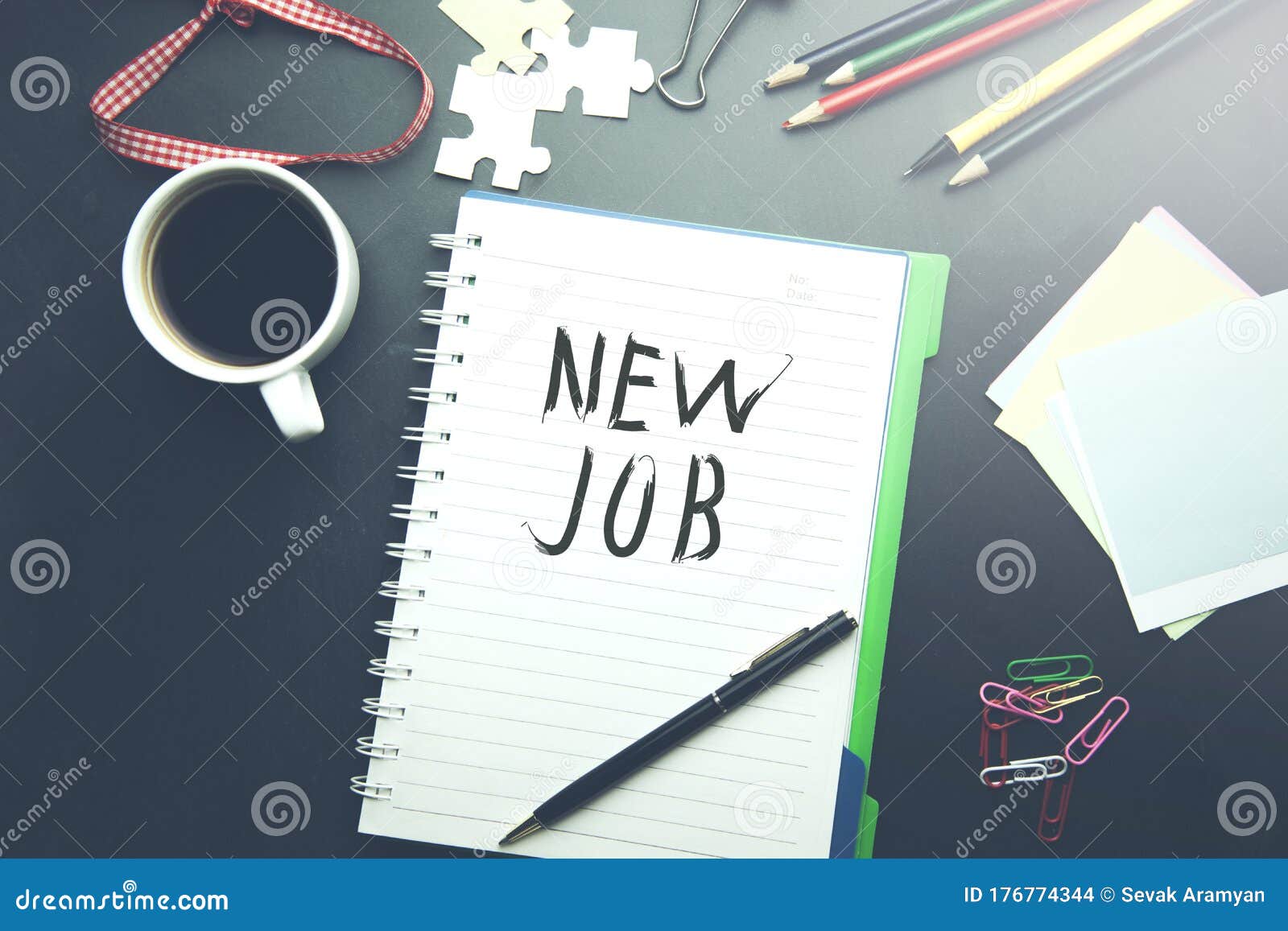 New job text on notepad stock photo. Image of project - 176774344