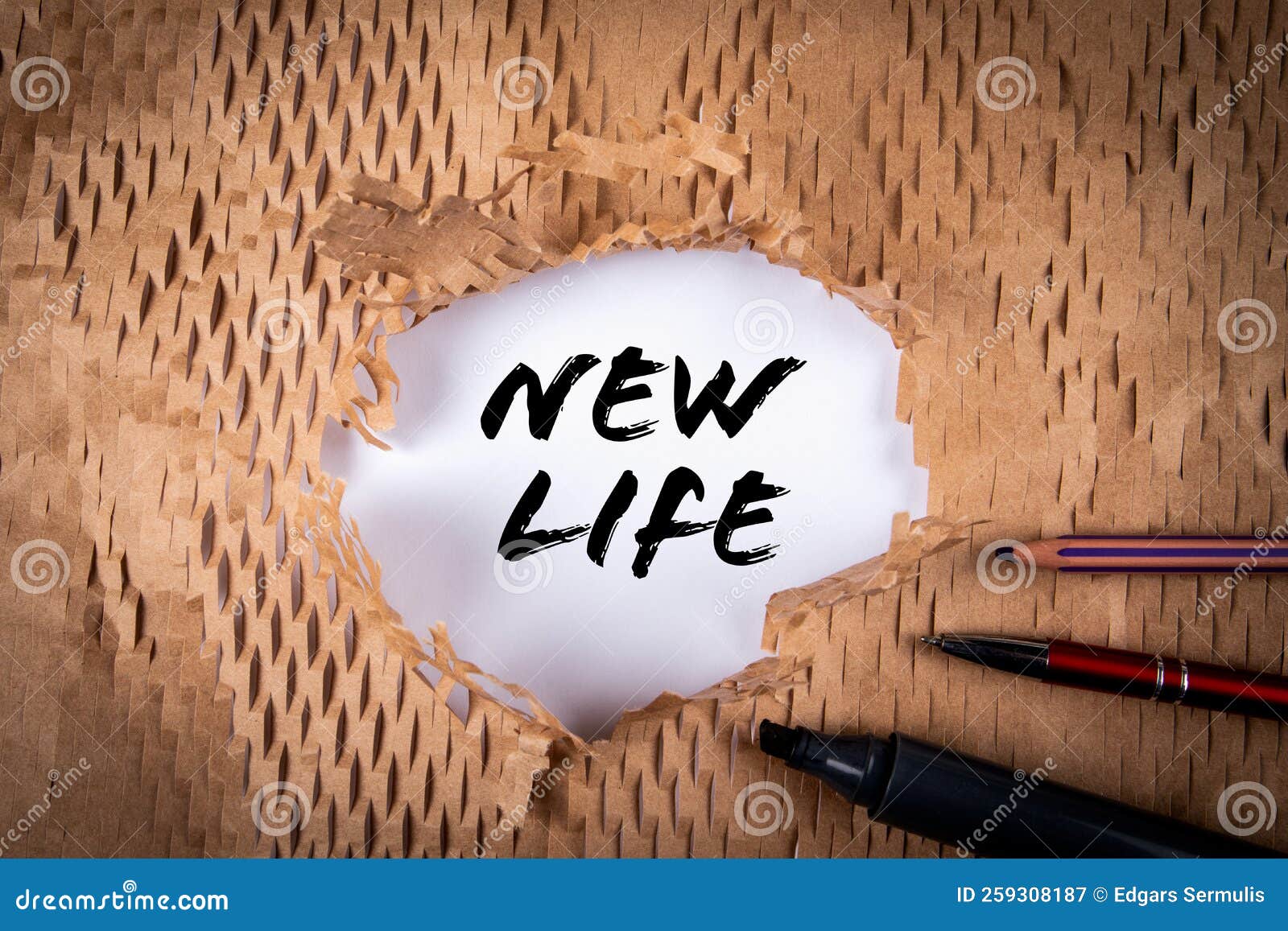 New Life Concept. Text, Torn Cardboard and Stationery Stock Image ...