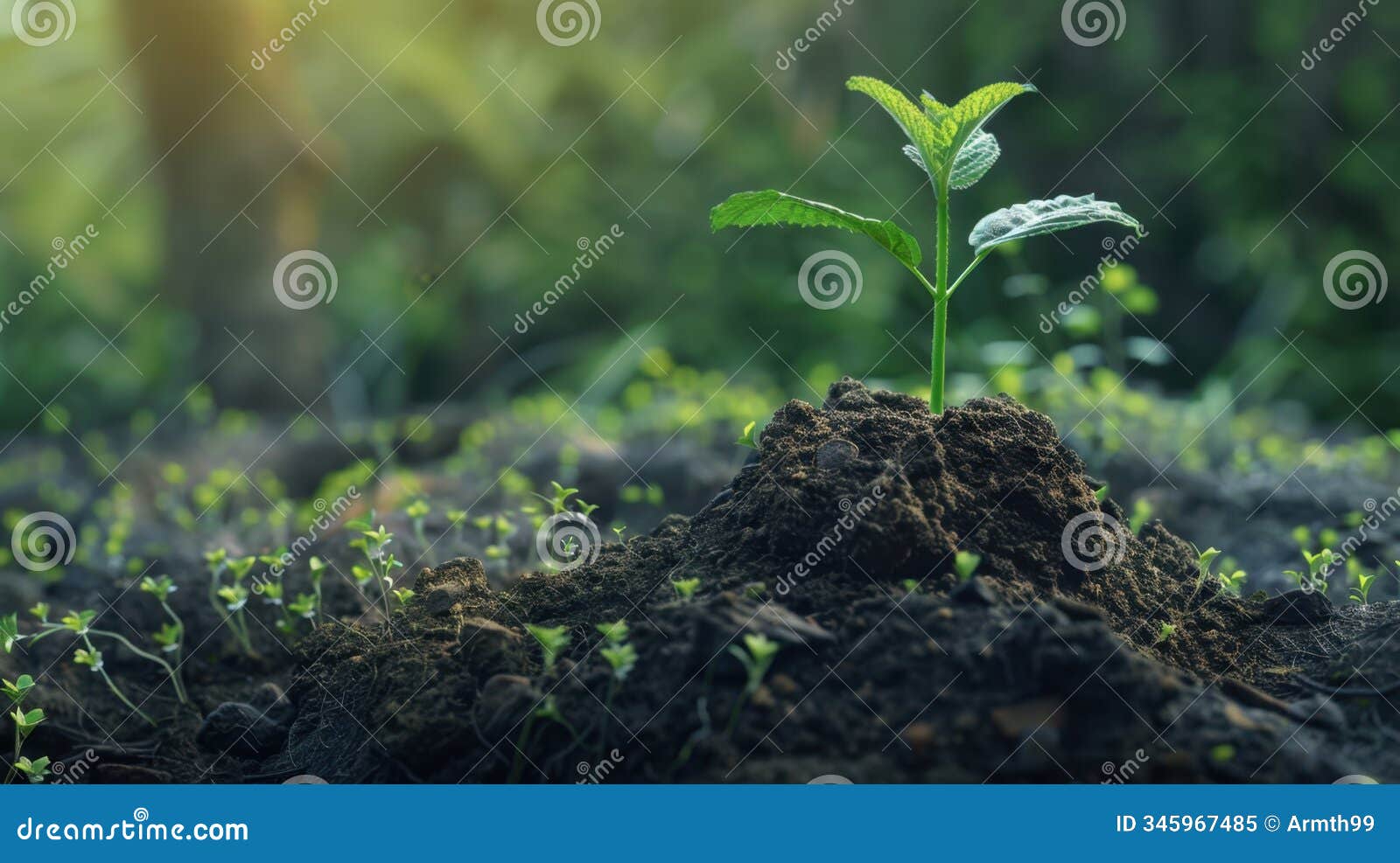 A Single Sprout With Yellow Leaves Emerging From Dark Soil In A Forest ...