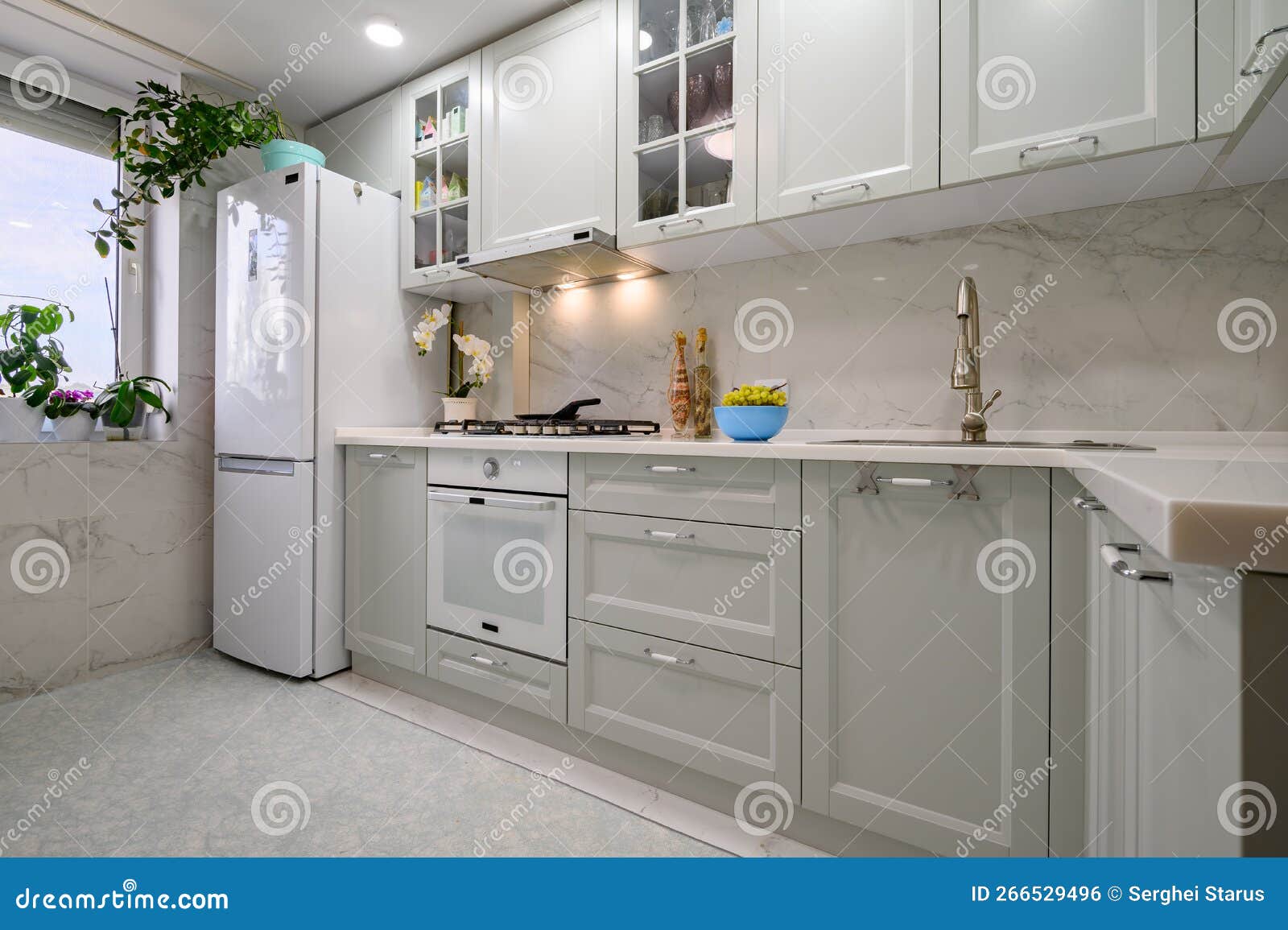 New Light Grey Modern Well Designed Kitchen Interior Stock Photo ...