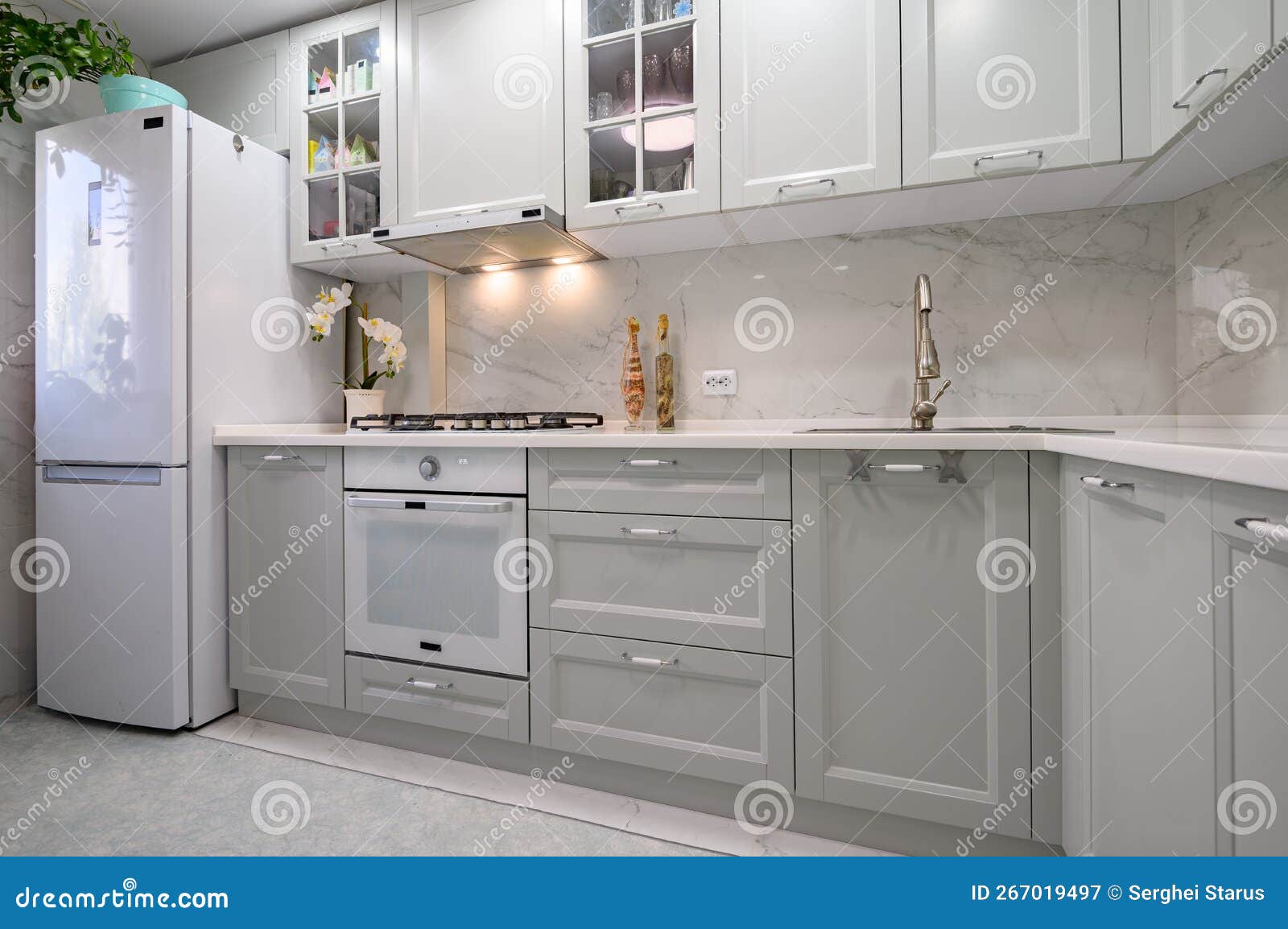 New Light Grey Modern Well Designed Kitchen Interior Stock Image ...