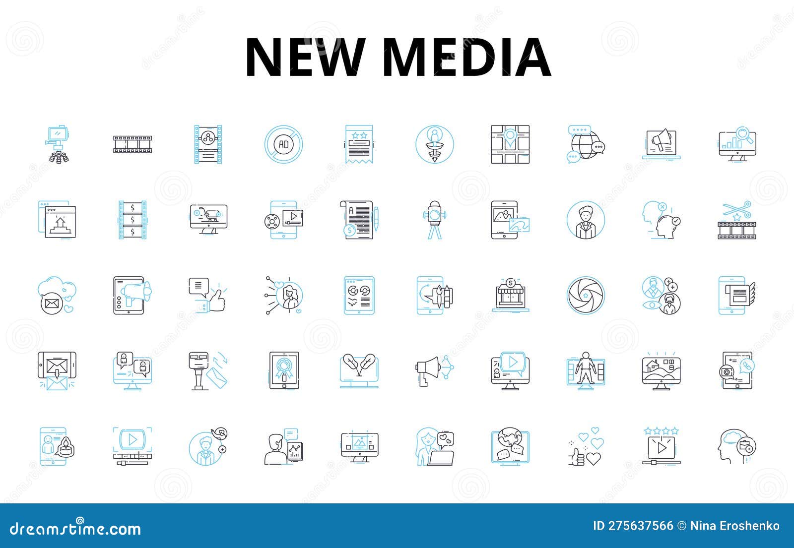 New Media Linear Icons Set. Interactivity, Digitalization, Connectivity ...