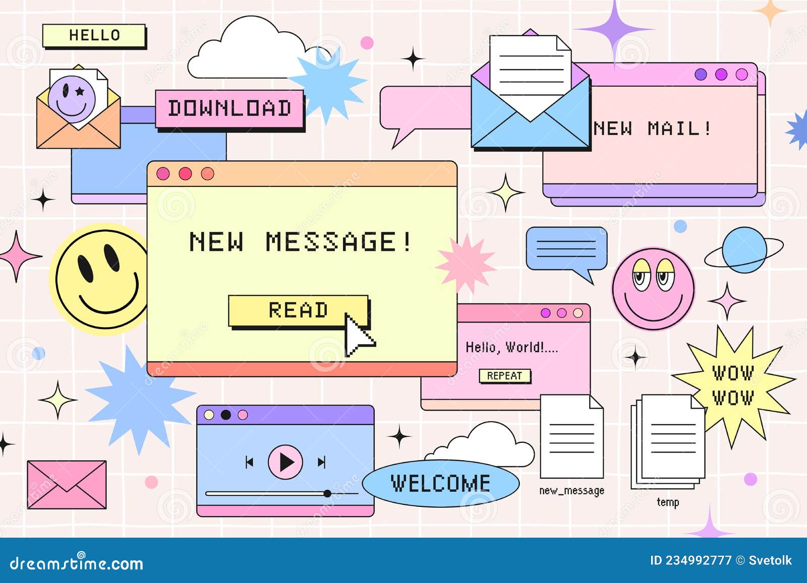 New Message Notification Web Banner Template in Retro Computer Browser ...