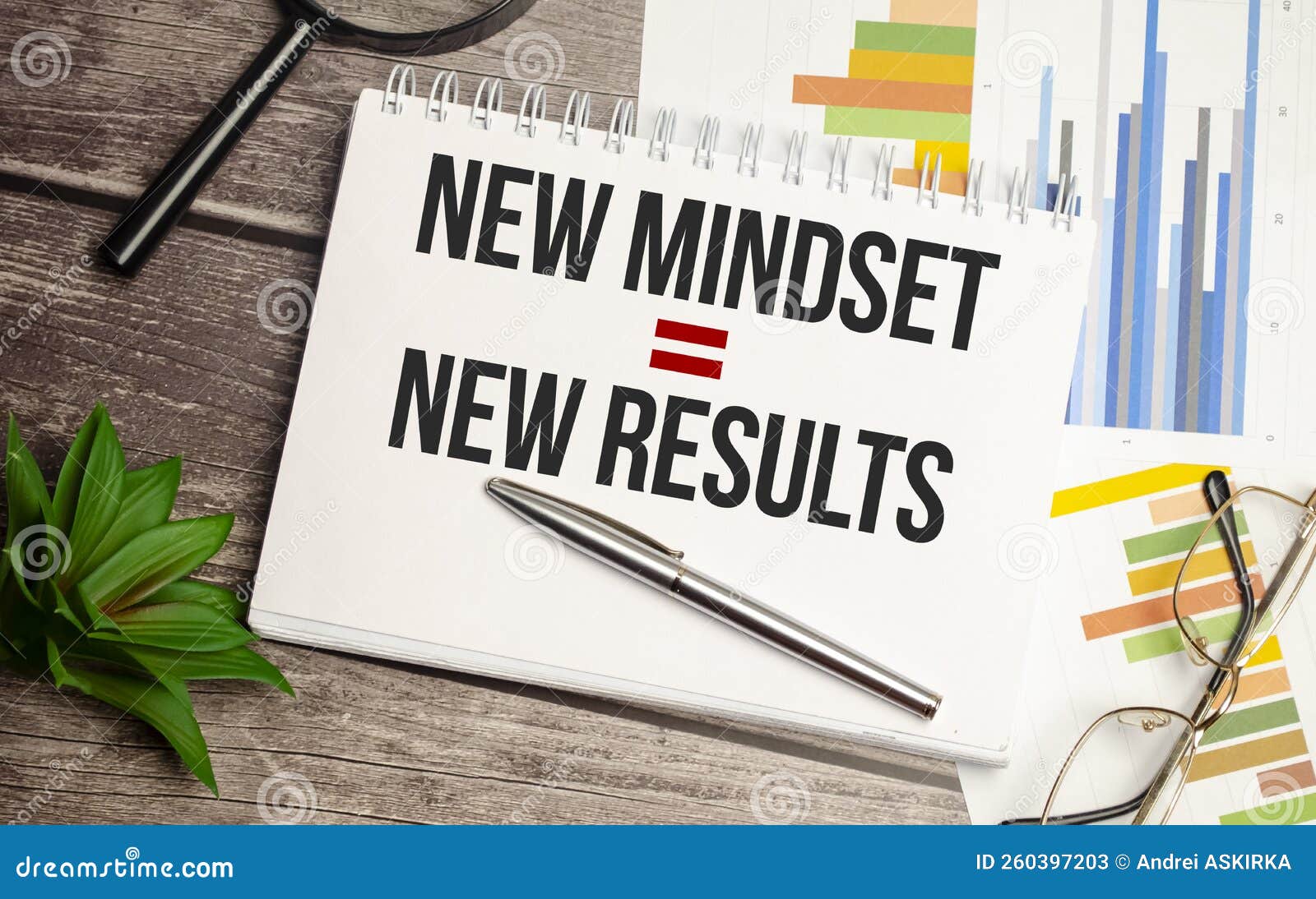 New Mindset - New Results on Paper and Charts with Glasses Stock Image ...