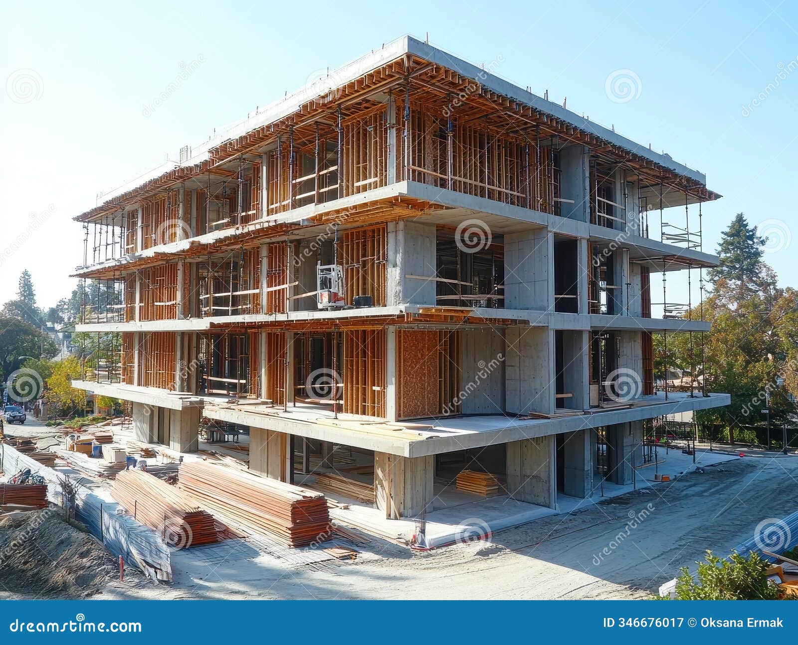 New Modern Building Structure Under Construction with Wooden Framework ...