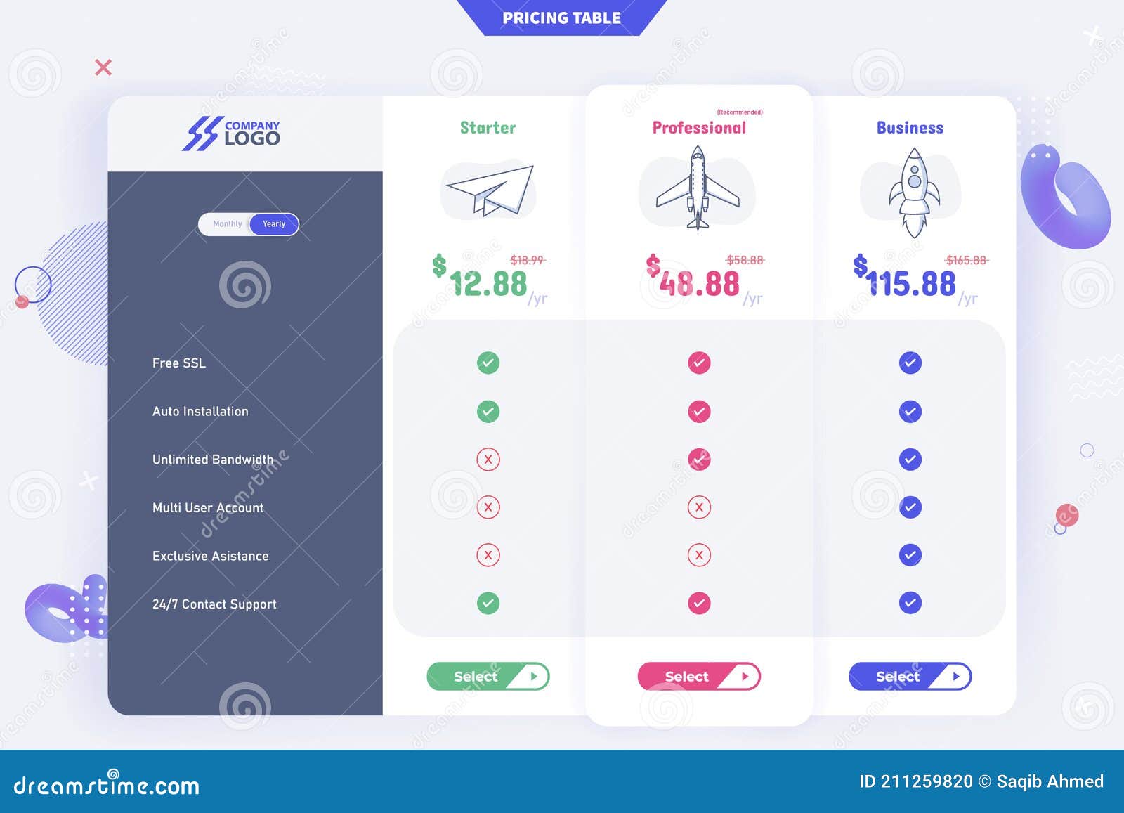 New Modern 3 Plan Pricing Table Template Design Stock Vector ...
