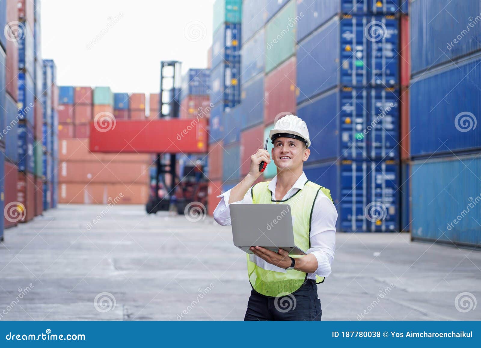 New Normal Concept, Inspector Engineer Using Laptop and Walkie Talkie ...