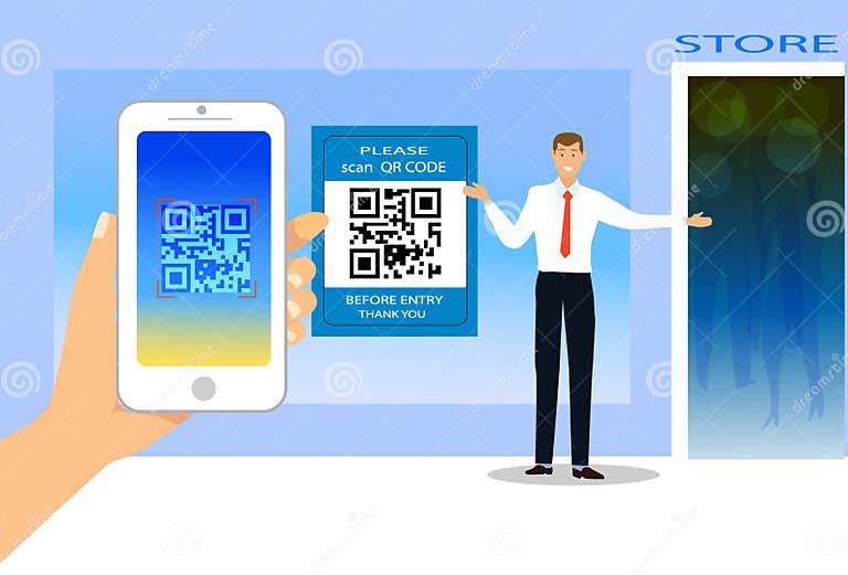 People Using Smartphone Scan QR Code before Entry the Store or the Mall ...