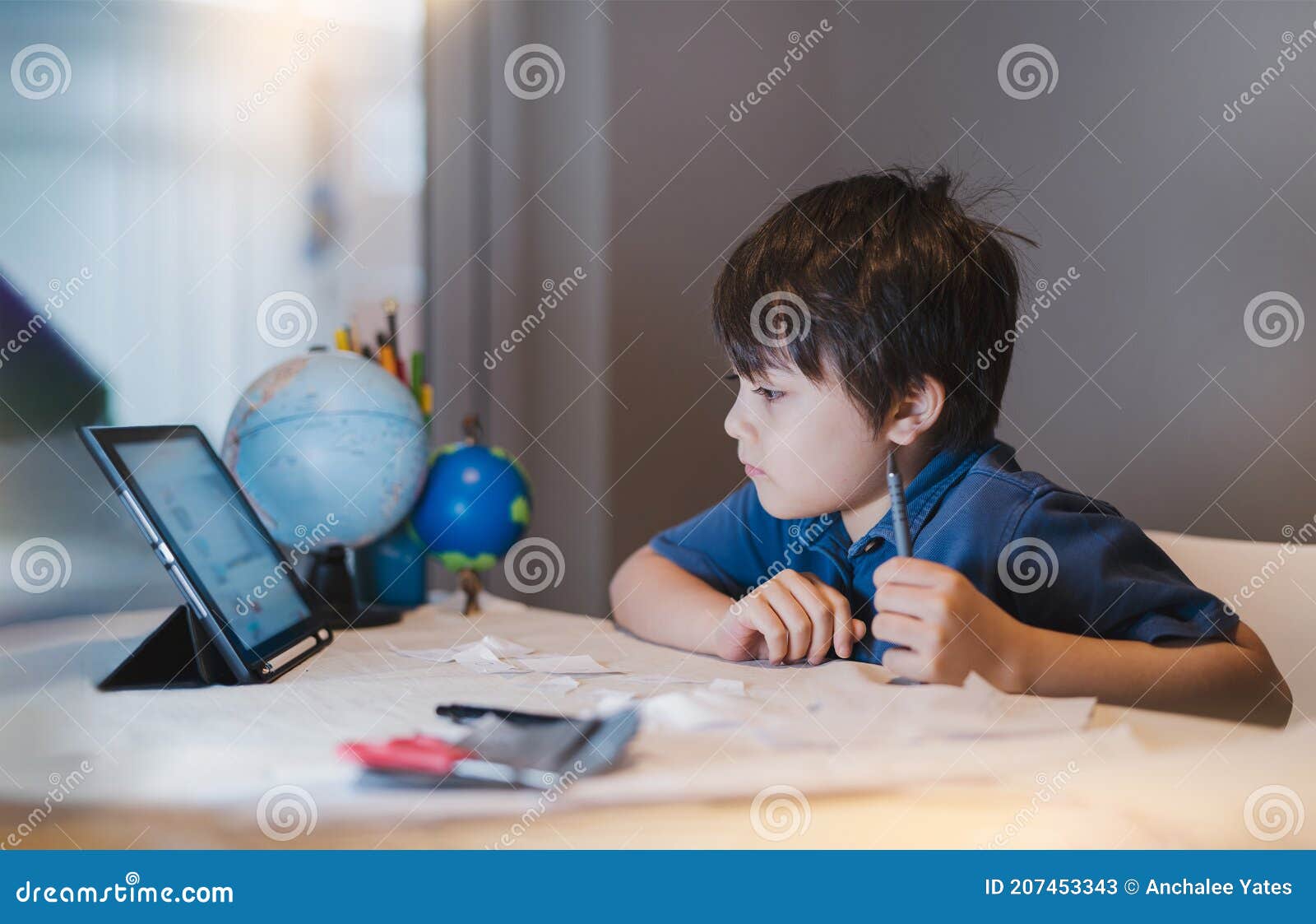 New Normal Life Kid Using Tablet for His Homework,Child Boy Doing ...