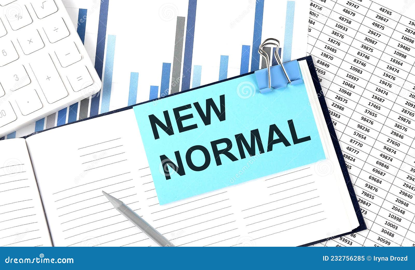 NEW NORMAL Text on Blue Sticker on the Chart Background Near Calculator ...