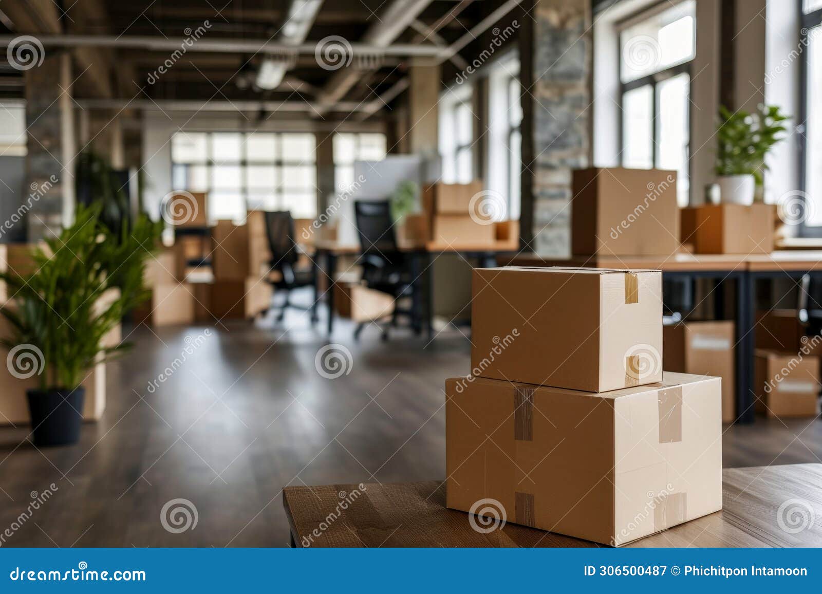 New Office with Cardboard Boxes, Packed Belongings, Moving and Storage ...