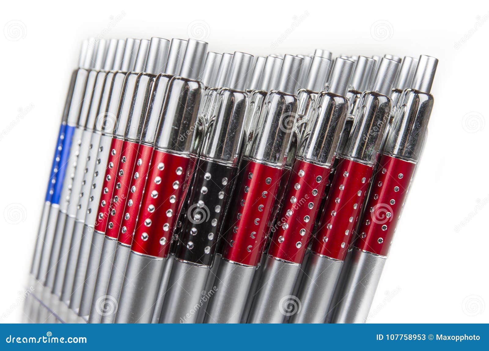 New Pens in Holder in Rows on White Background. Stock Image - Image of ...