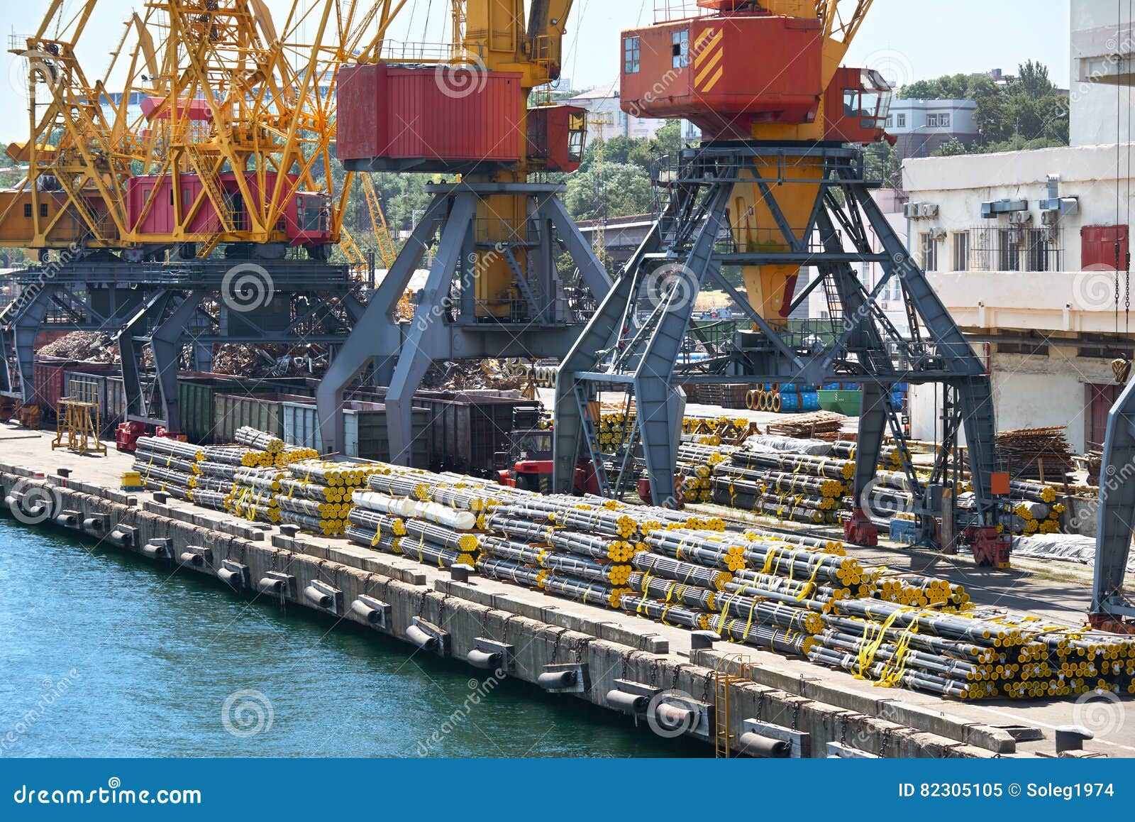 New Pipes in the Industrial Port, Cargo Cranes and Infrastructure Stock ...
