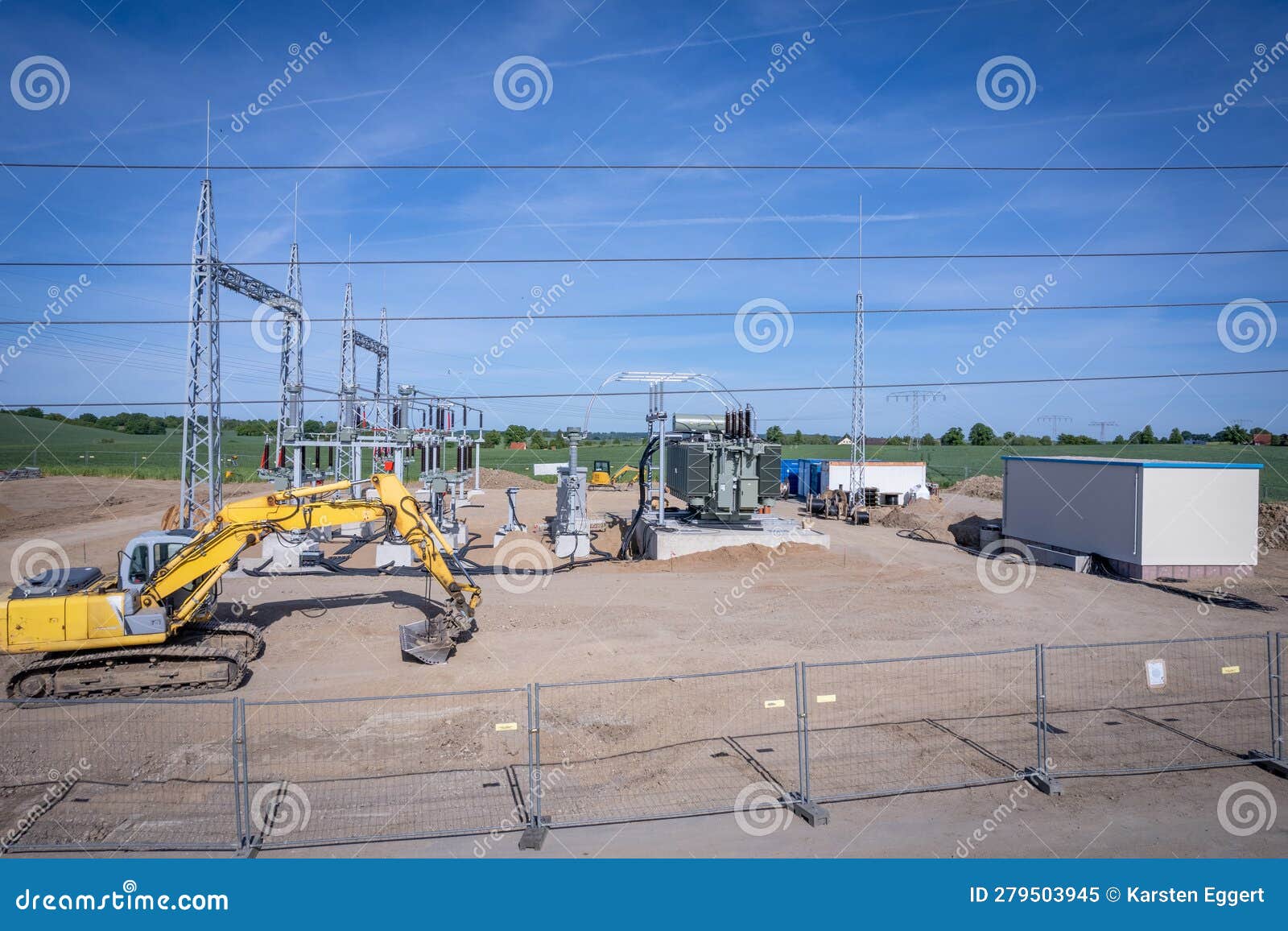 A New Power Substation is Built on a Field Stock Image - Image of pylon ...