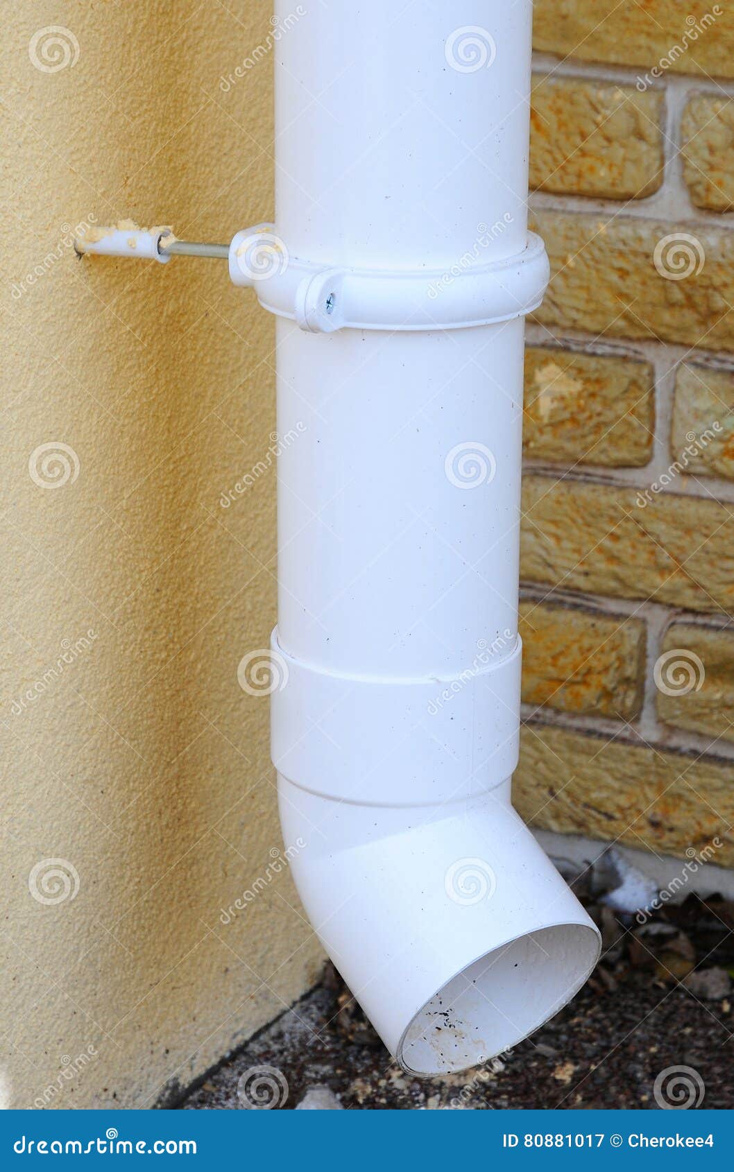 New Rain Gutter on Plaster Walls with Decorative Brick. Installation ...