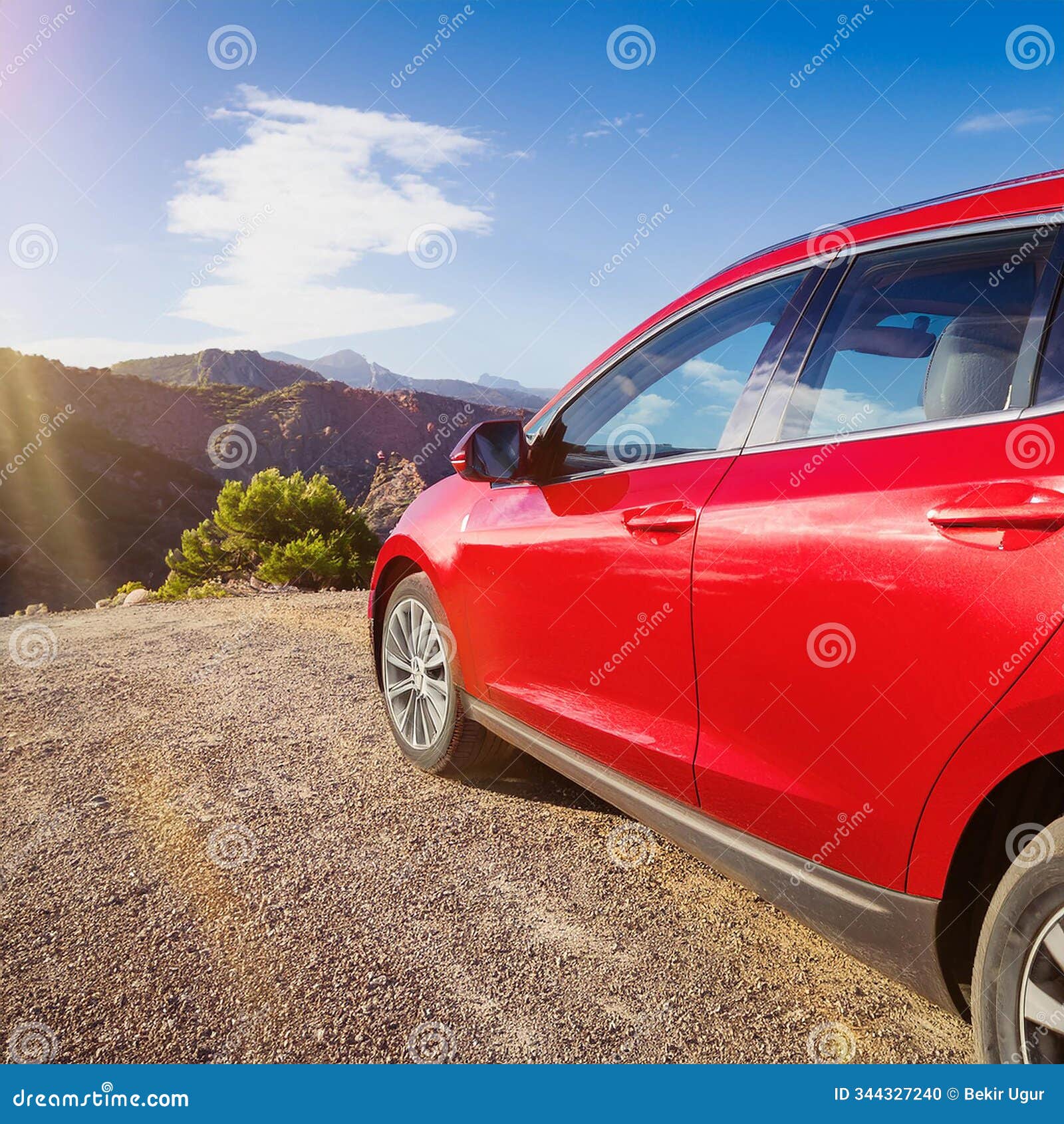 A New Red Car Pulled Over on the Side of a Remote Mountain Road Stock ...