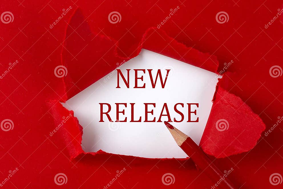 NEW RELEASE Text on the Red Torn Paper with Red Pencil Stock Photo ...