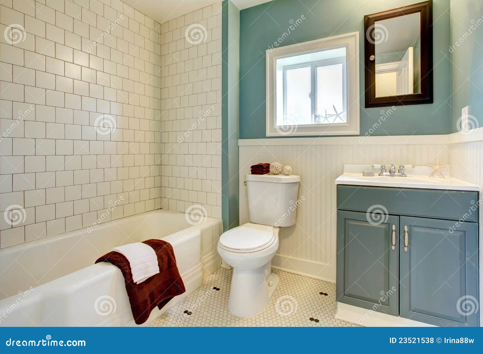 New Blue Bathroom Design With Marble Shower Surround Stock Image ...