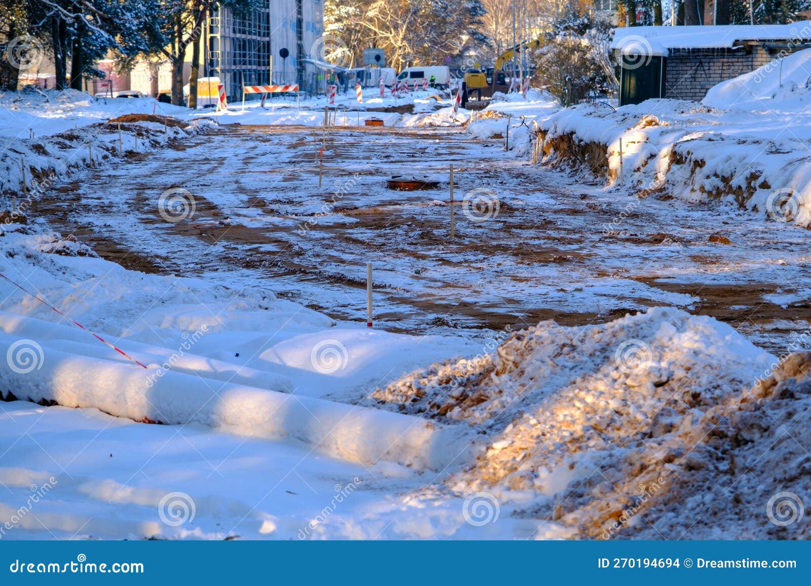 New Road Construction Site in the Forest in Winter with Snow and Mud ...