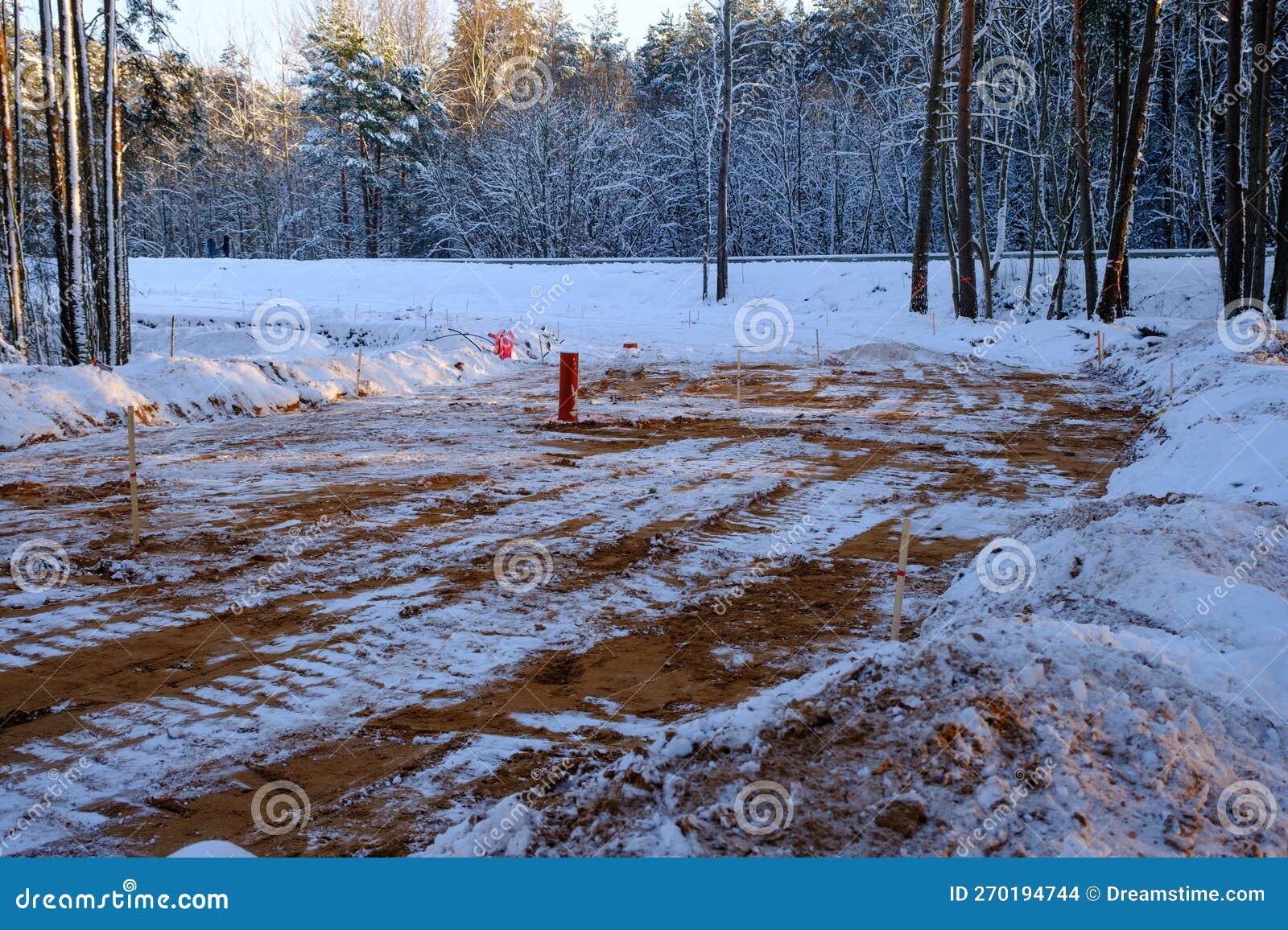 New Road Construction Site in the Forest in Winter with Snow and Mud ...