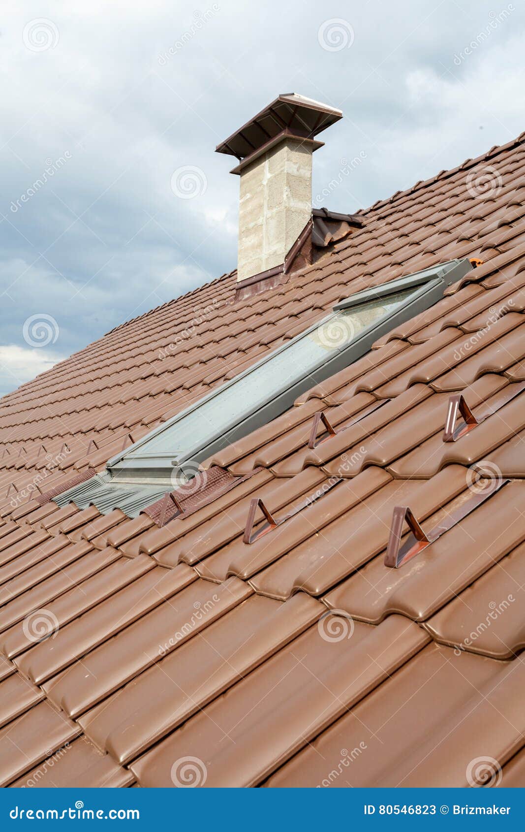 New Roof with Skylight, Natural Red Tile and Chimney Stock Image ...