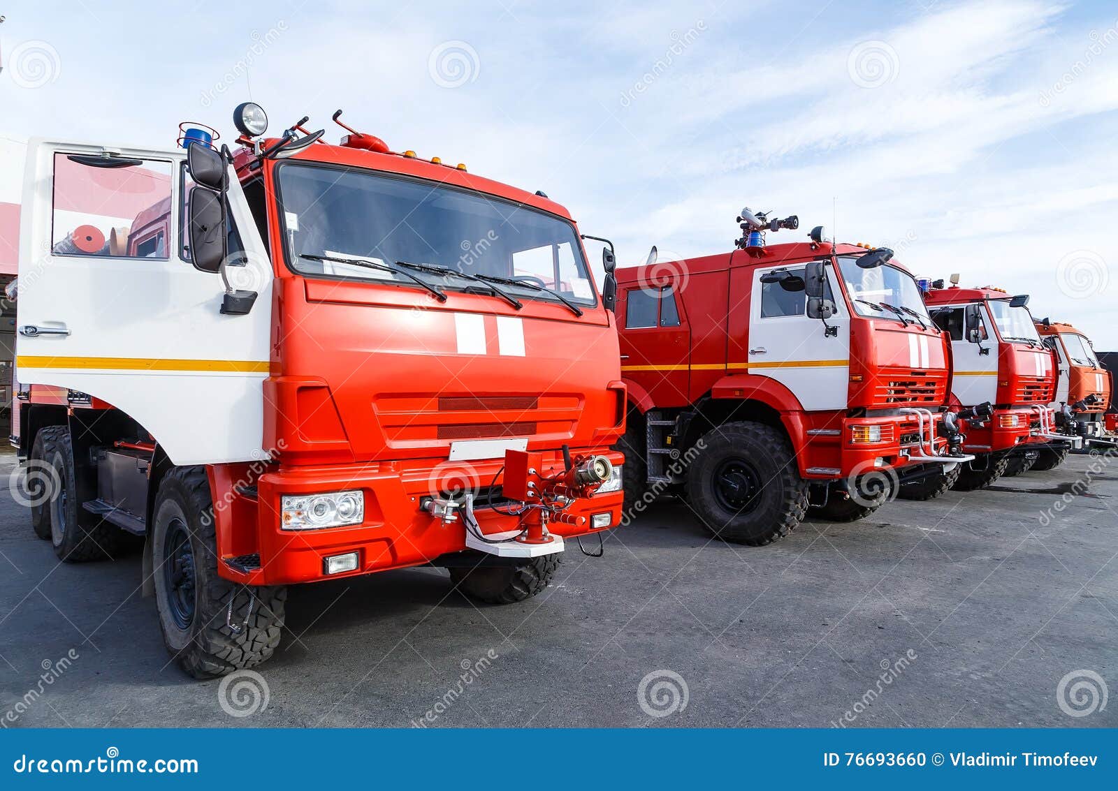 Russian Fire Truck Of Red Color With Retractable Ladders Stands On The ...