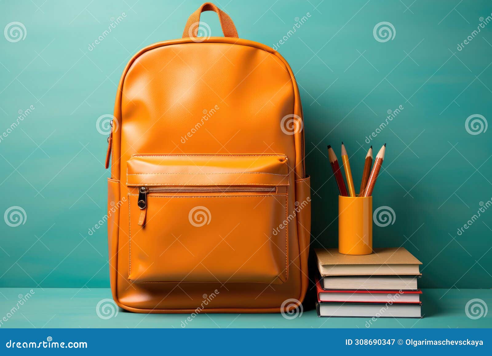 New School Bag. a Large Orange Backpack Standing on the Table and ...