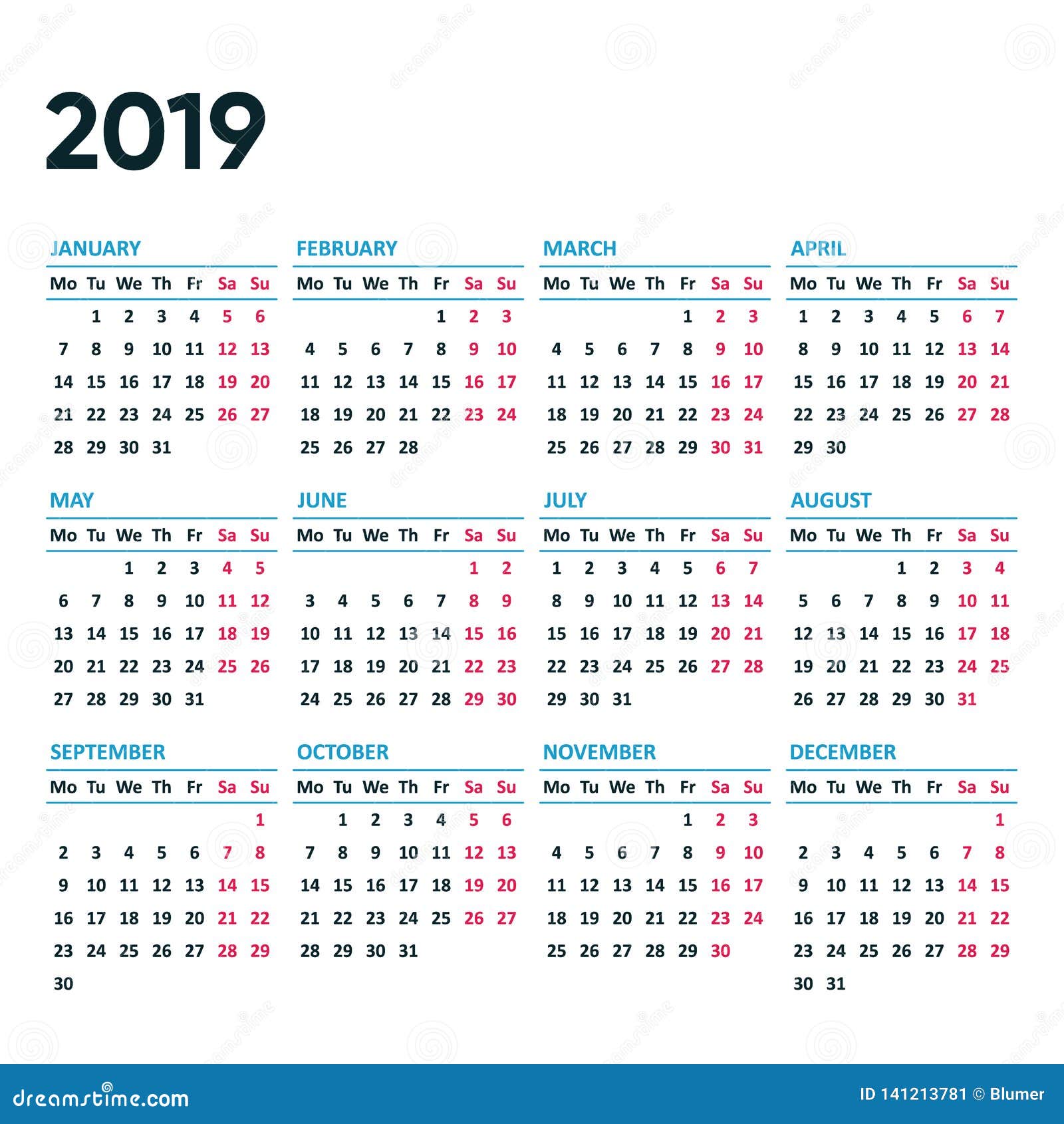 New Simple Vector 2019 Calendar Weeks from Monday Stock Vector ...