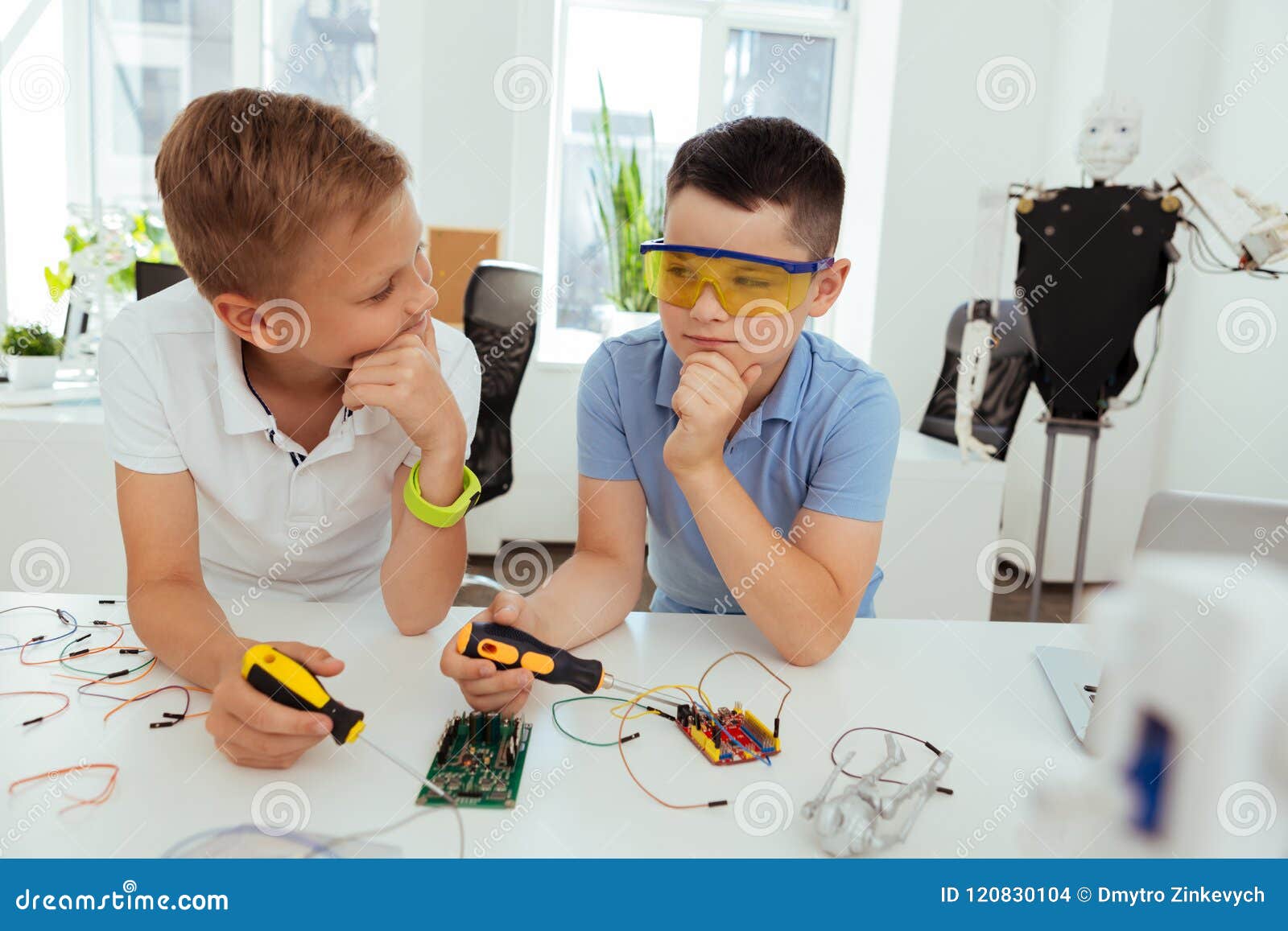 Smart nice boys thinking stock photo. Image of machinery - 120830104