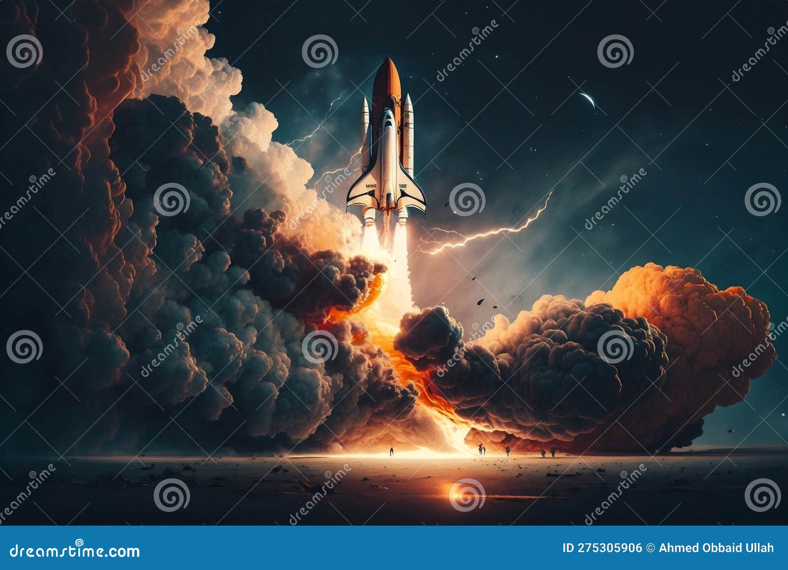 New Space Shuttle Rocket Launching into the Night Sky with Smoke and ...