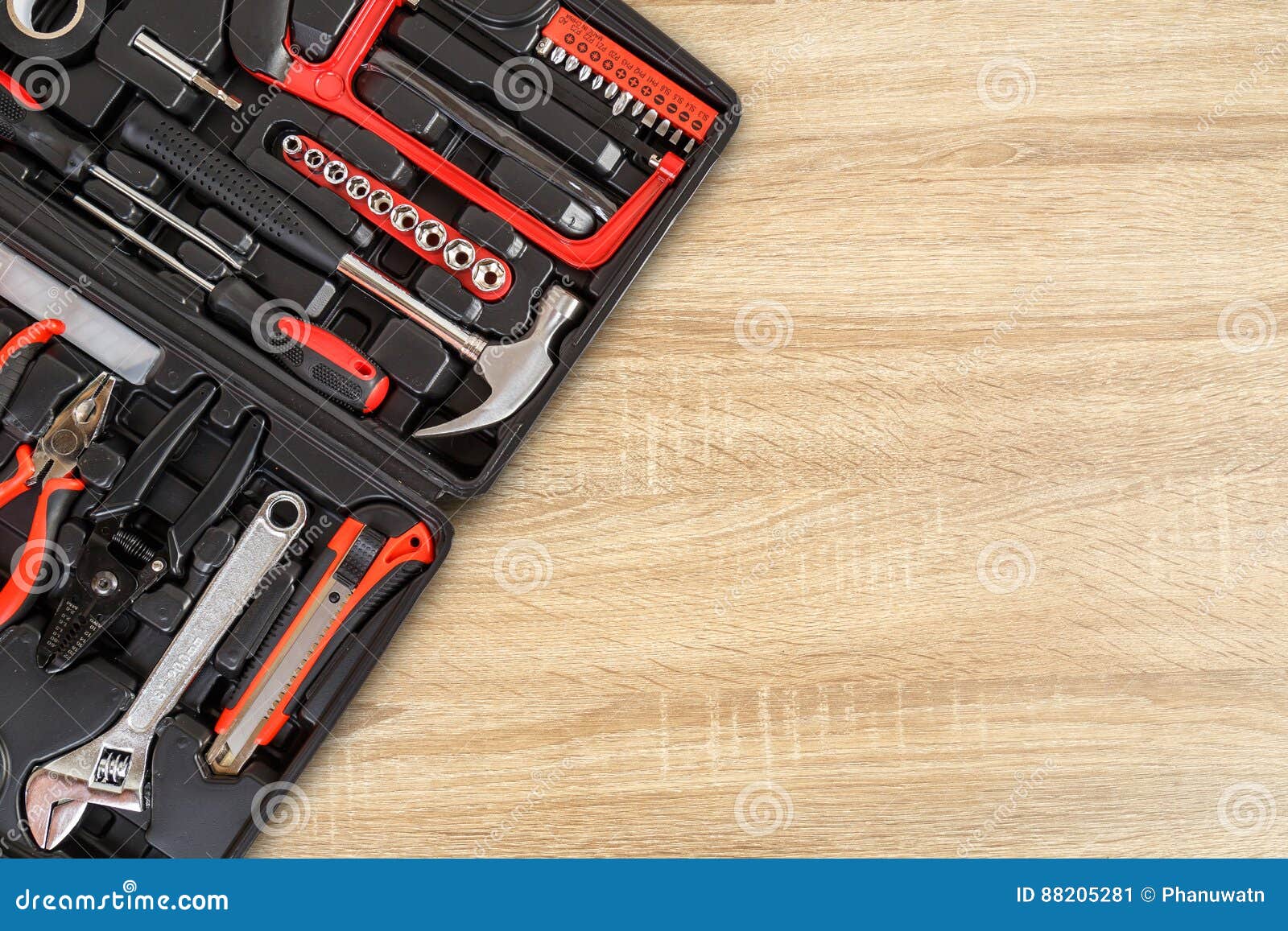 New Square Black Tool Box on Wooden Texture Background Stock Image ...