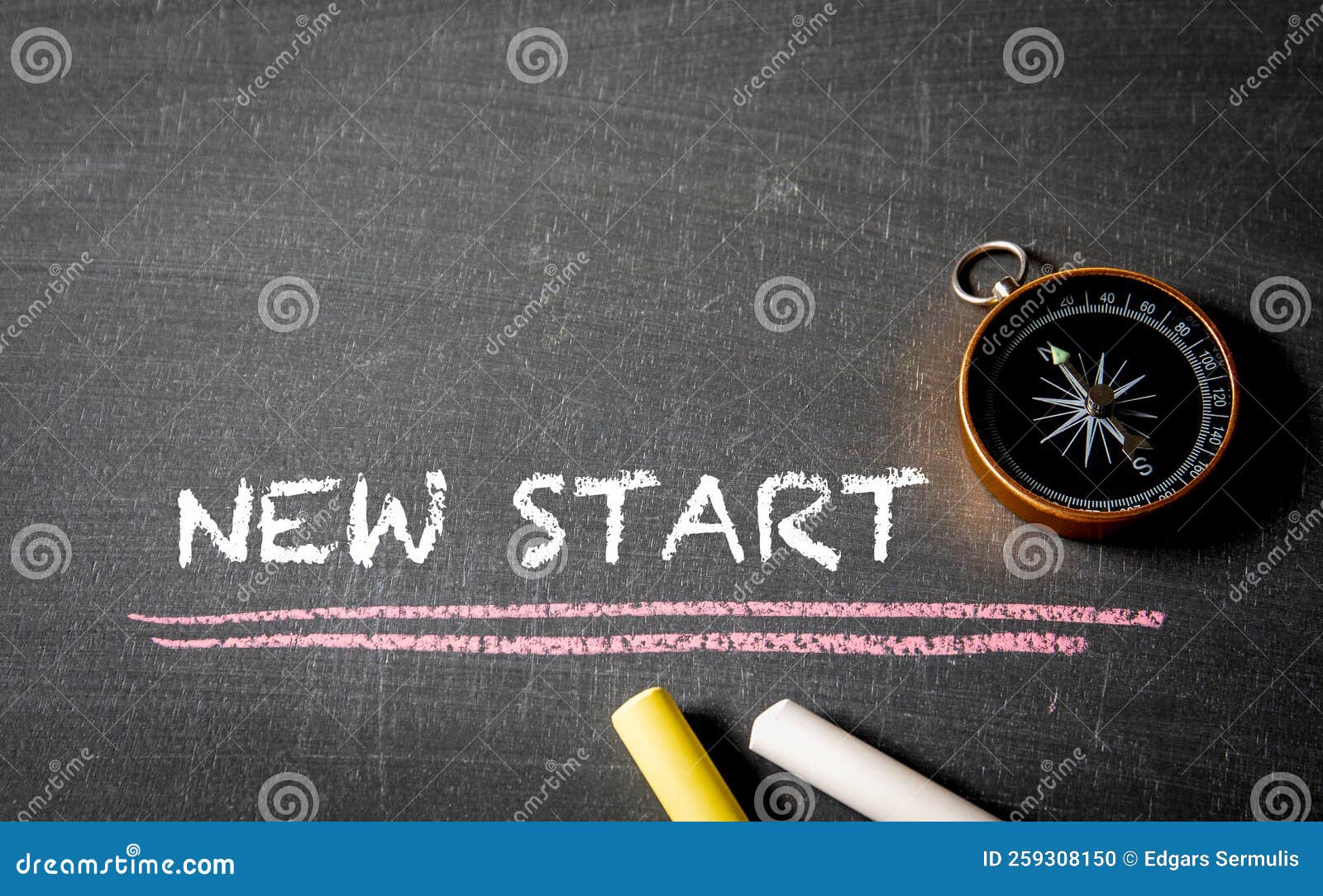New Start. Text, Compass and Pieces of Chalk on Blackboard Background ...